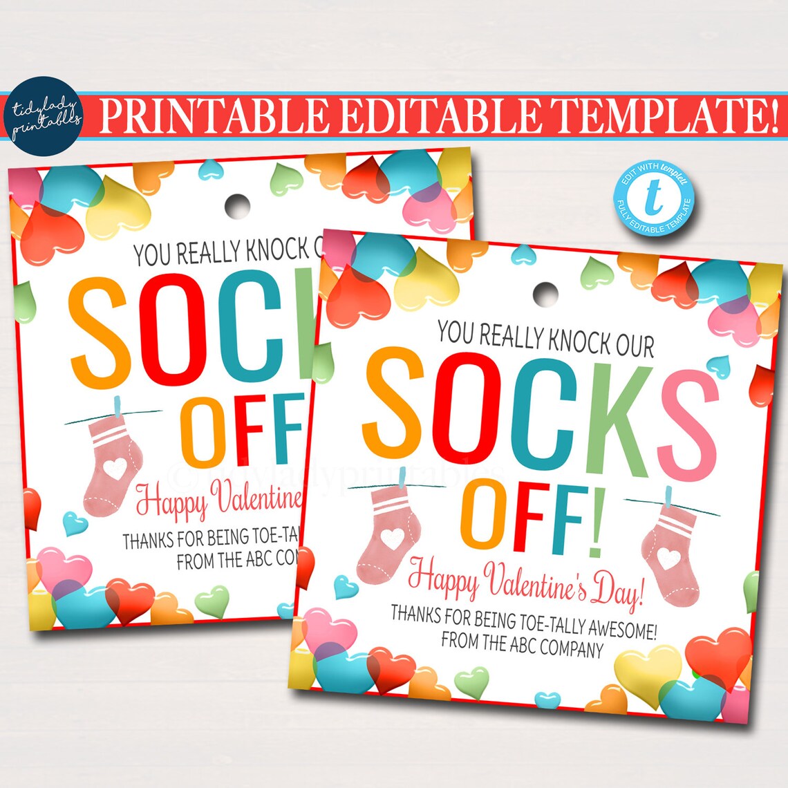 Valentine's Sock Gift Tag: Editable Staff Appreciation (digital ...