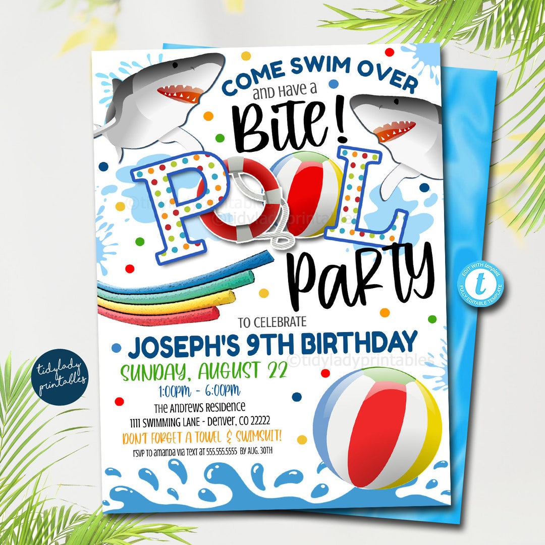 Shark Birthday Invitation, Shark Attack Pool Party Bash Birthday ...