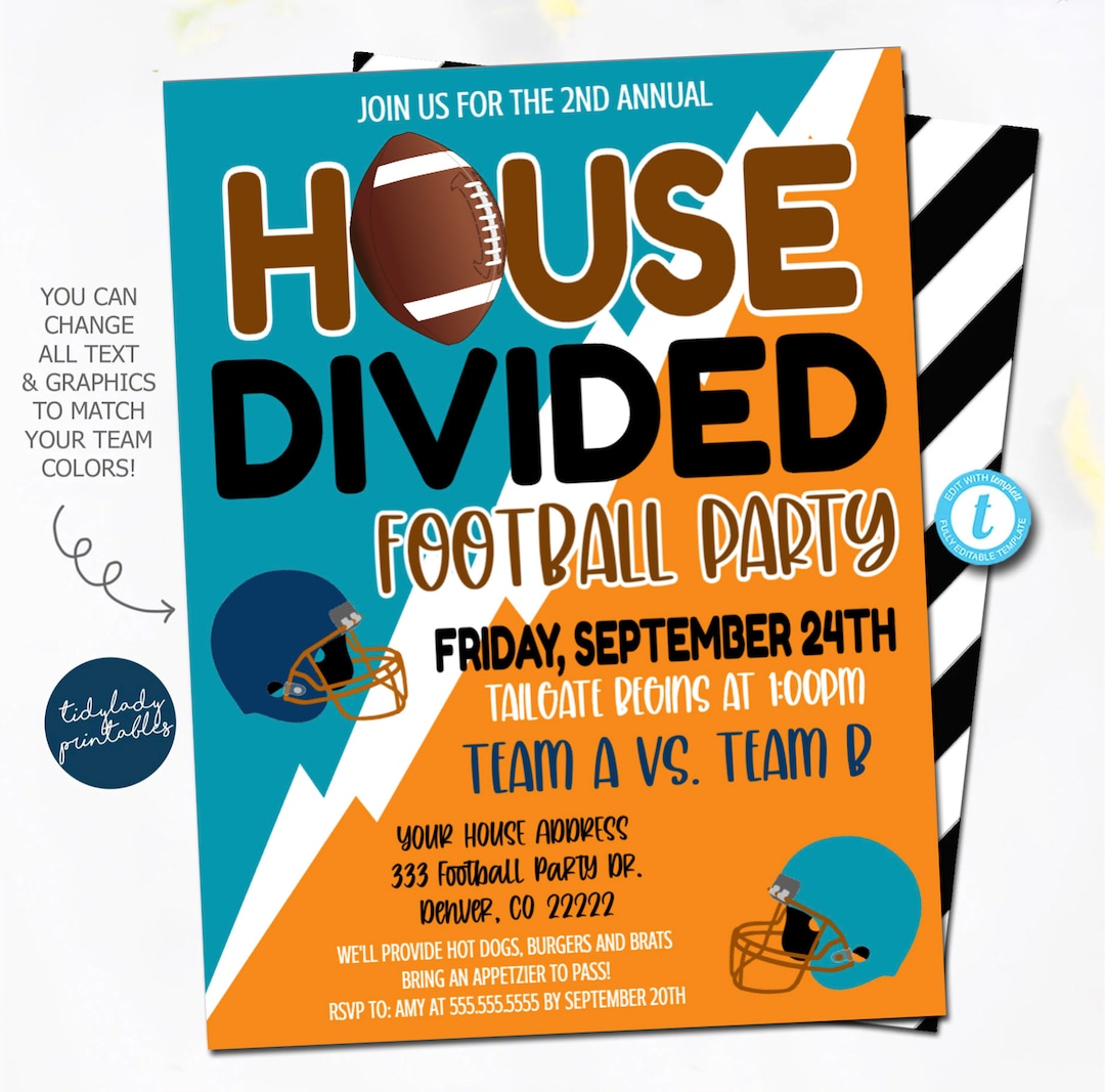 Football House Divided Tailgate Party Invitation, Football Party ...