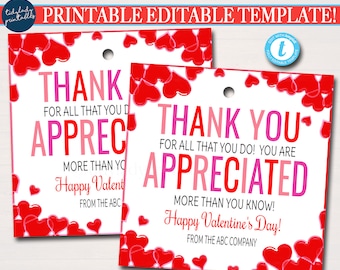 Valentine's Day Thank You Gift Tags, Teacher Staff Employee Nurse ...