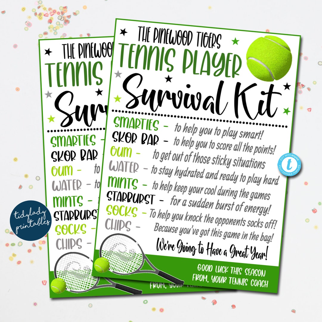 EDITABLE Tennis Survival Kit Printable, Tennis Team Gift, Team Kids ...