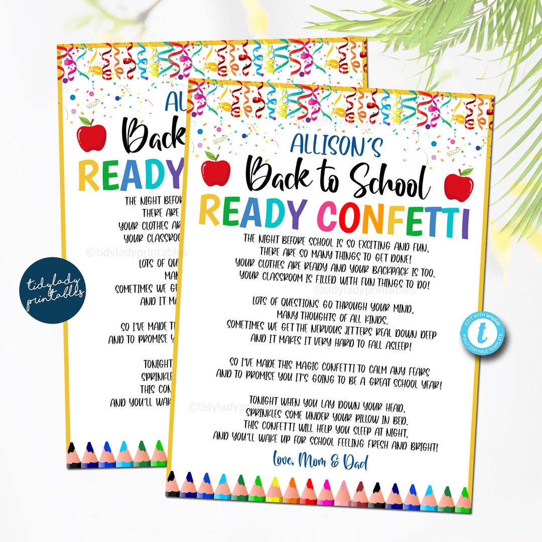 EDITABLE Back to School Ready Confetti Printable, Night Before First ...