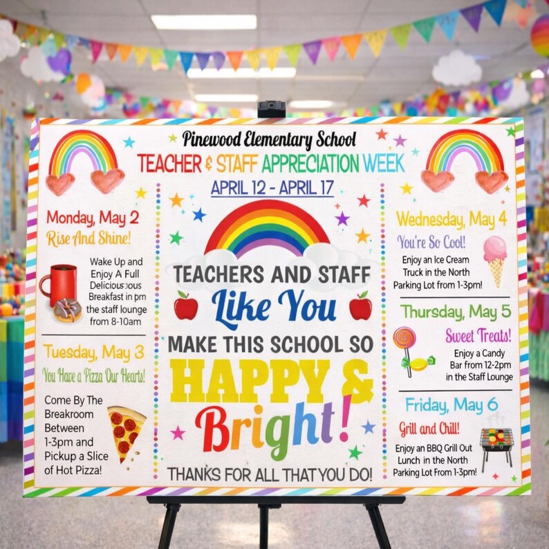 Editable Teacher Appreciation Week Itinerary: Rainbow Theme Poster ...