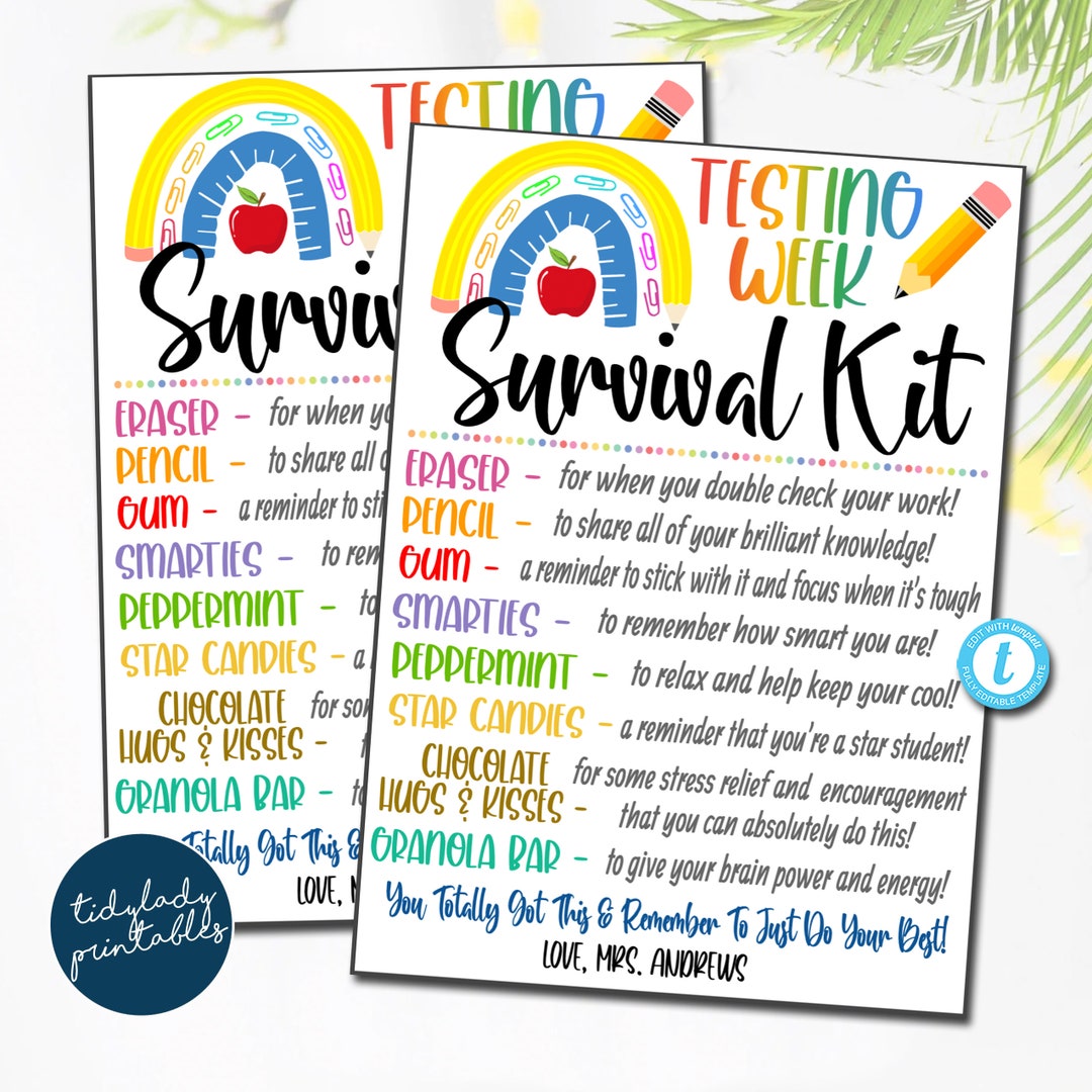 Testing Survival Kit Printable Tag, School Exam Week Standardized ...