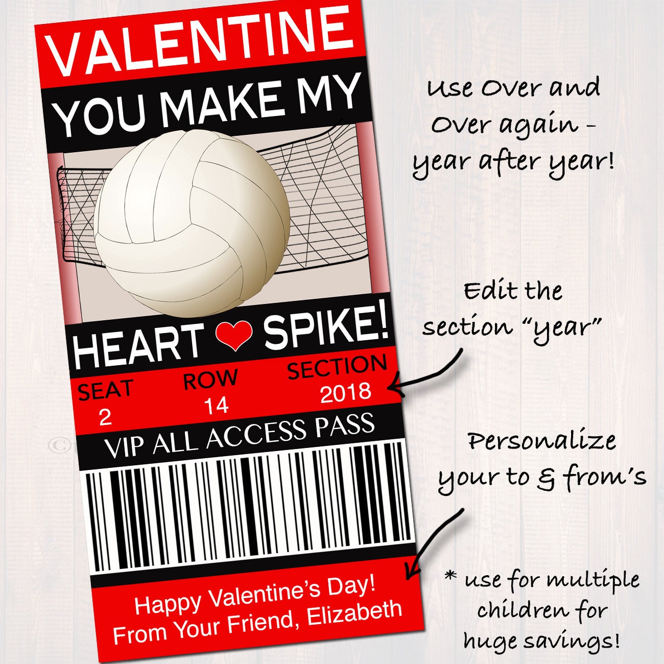 Volleyball Ticket Valentine's Day Cards: Editable Kids Classroom ...