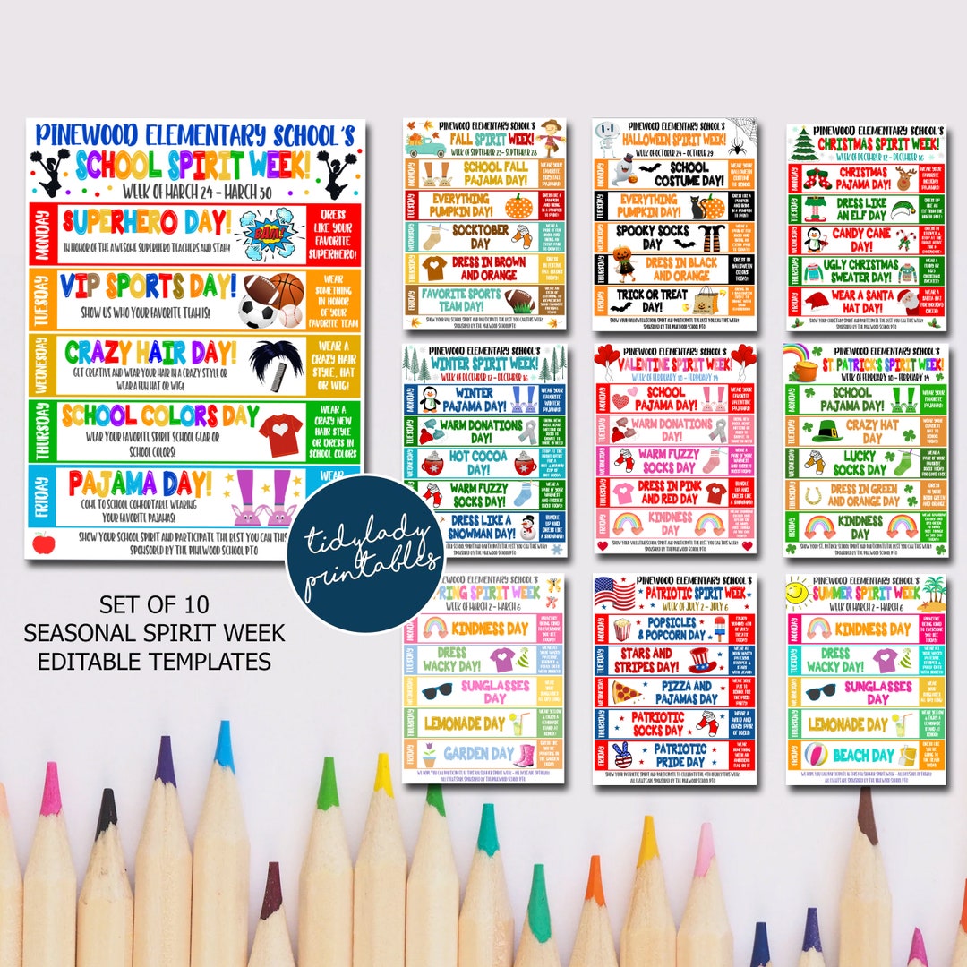 Seasonal School Spirit Week Itinerary Templates (digital Download) - Etsy