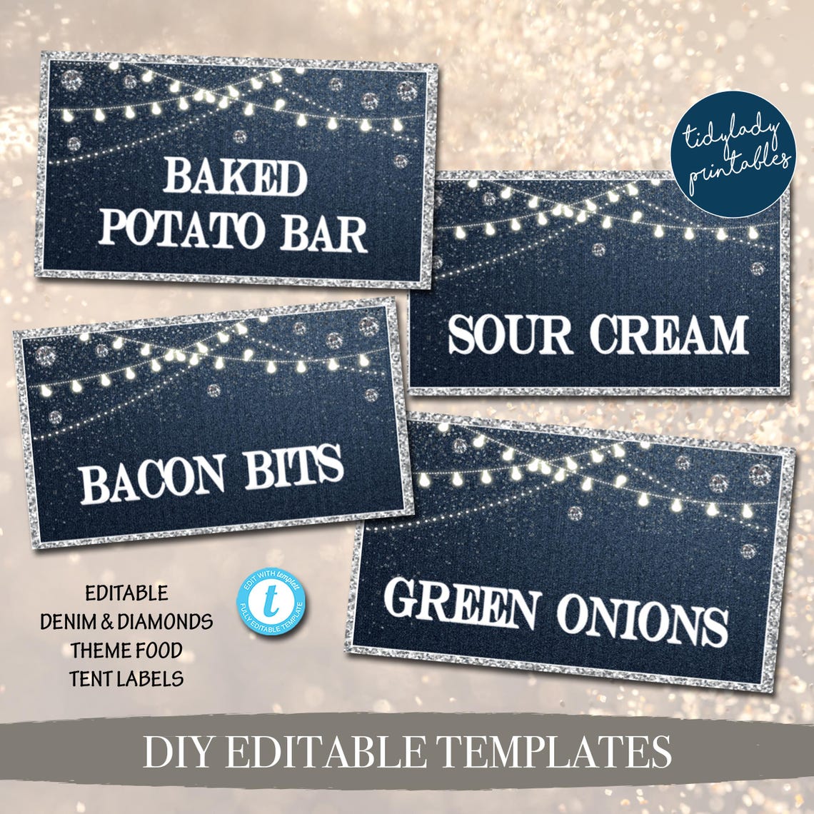 Denim and Diamonds Food Tent Labels: Editable Gala Decor (digital ...