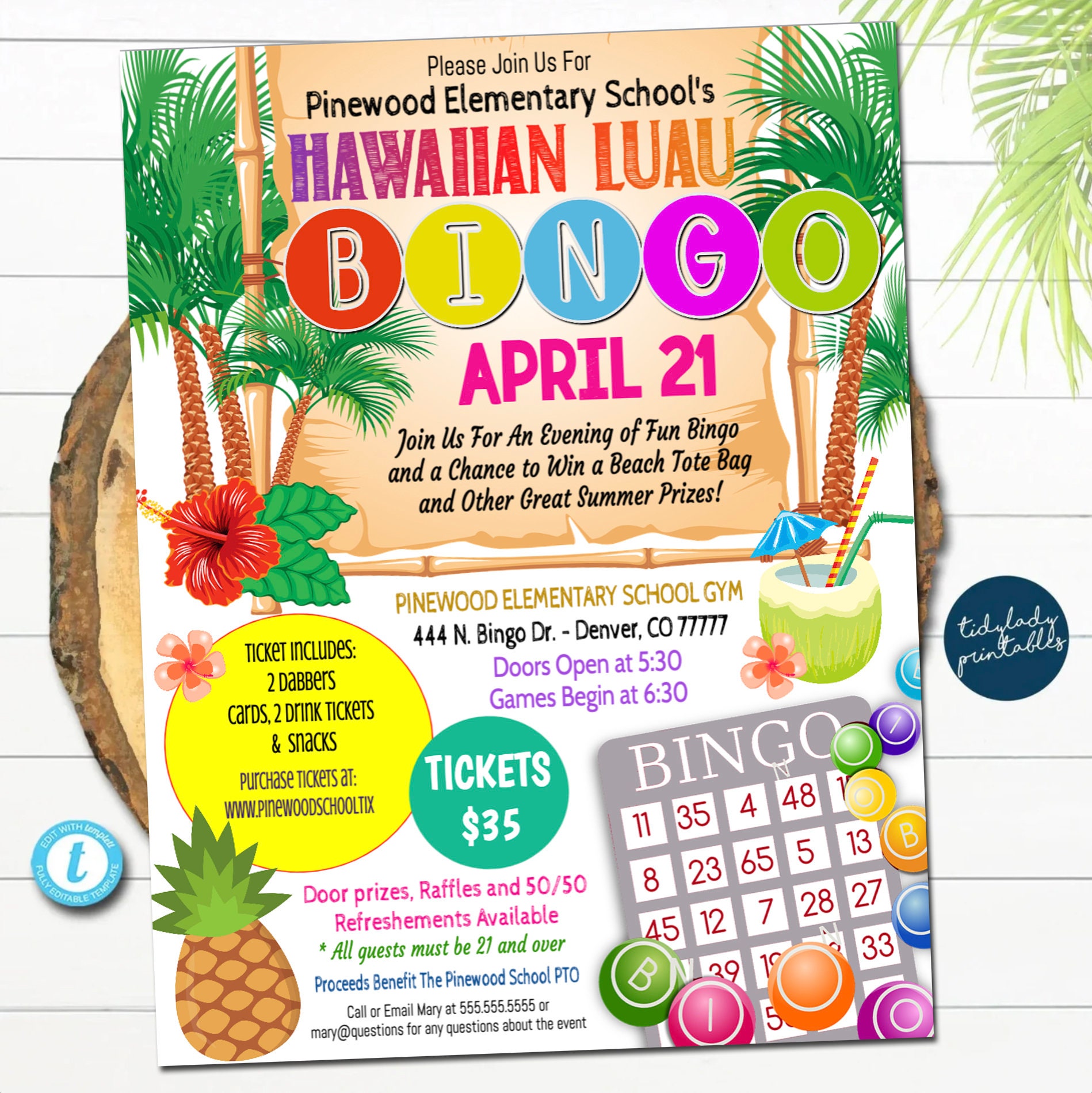 Hawaiian Luau Bingo Night Flyer, Printable School Pto Pta Family ...