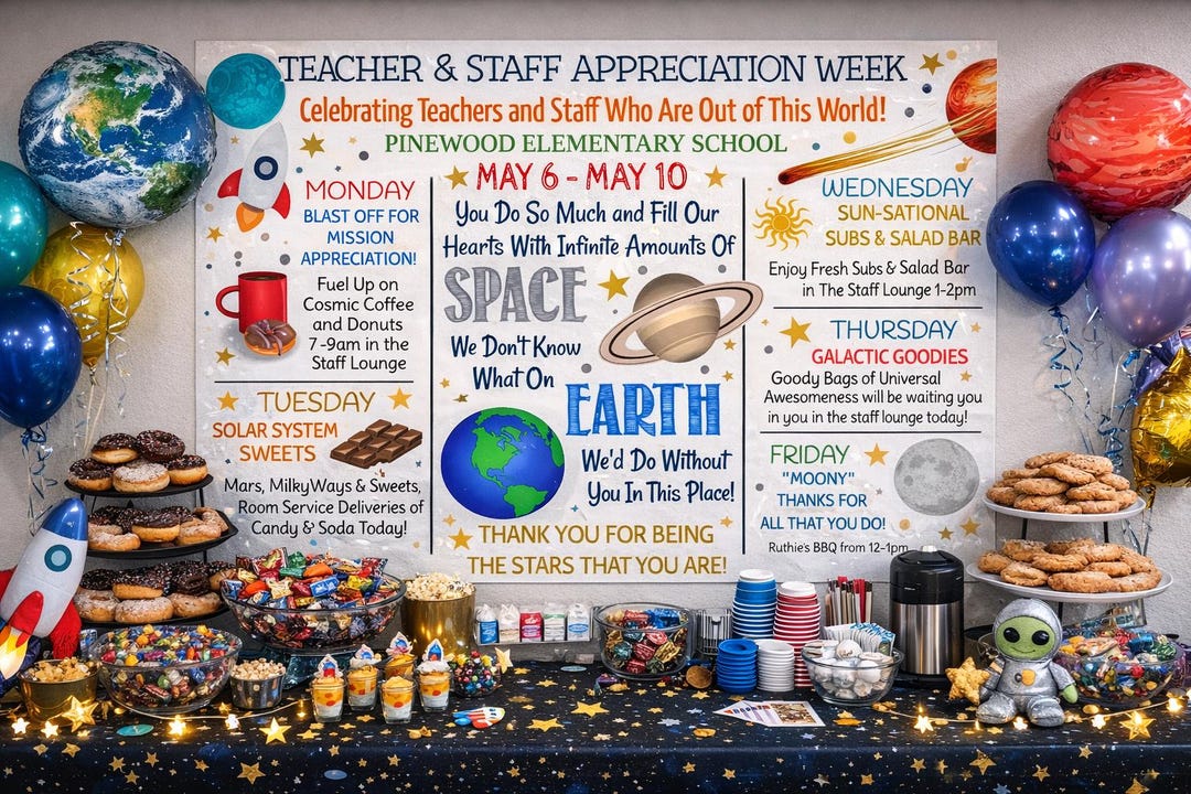 Space Theme Teacher Appreciation Week Itinerary Poster, Employee Staff ...