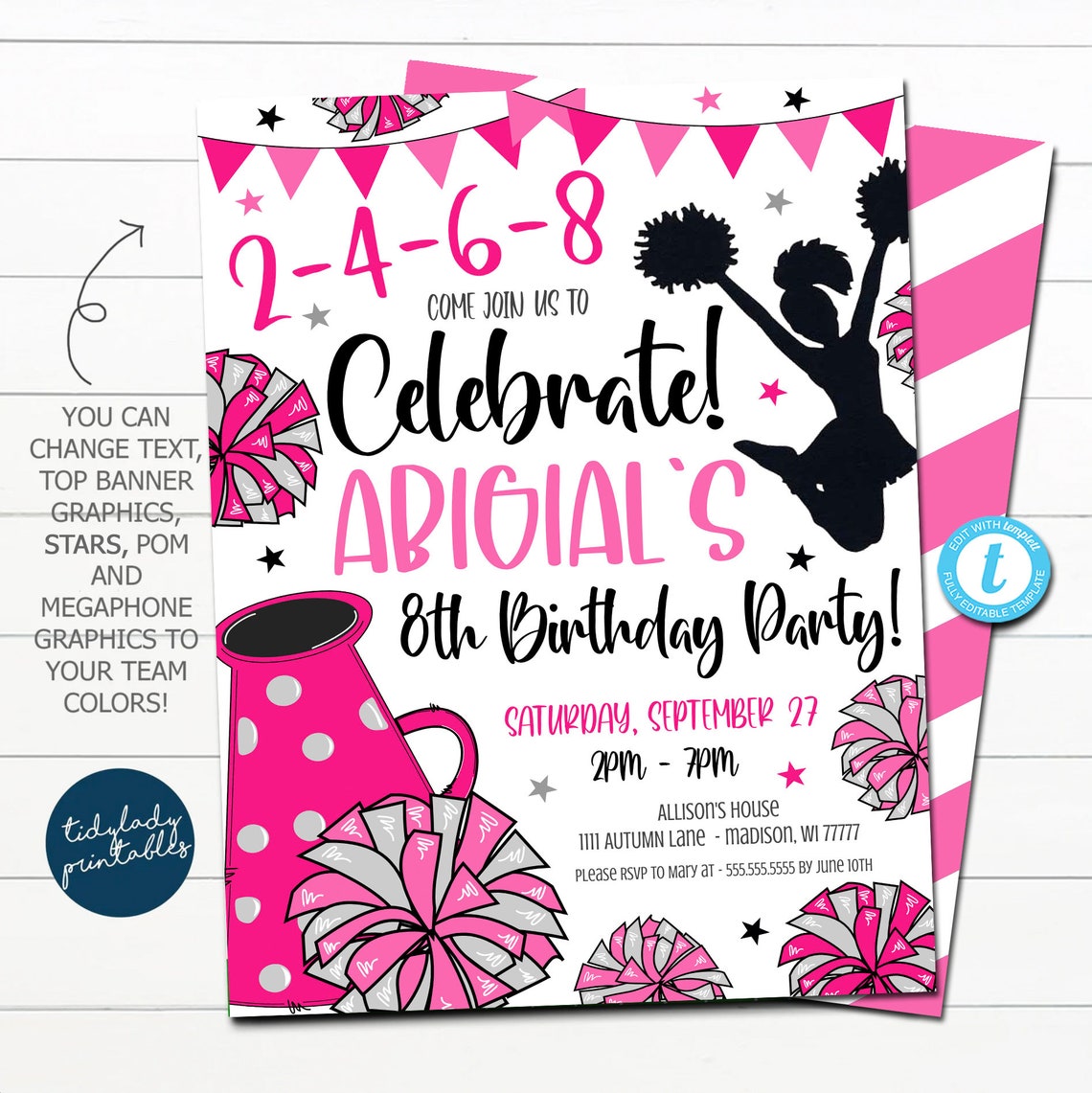 Girl Cheerleader Invite Cheer Birthday Invitation Editable - Etsy