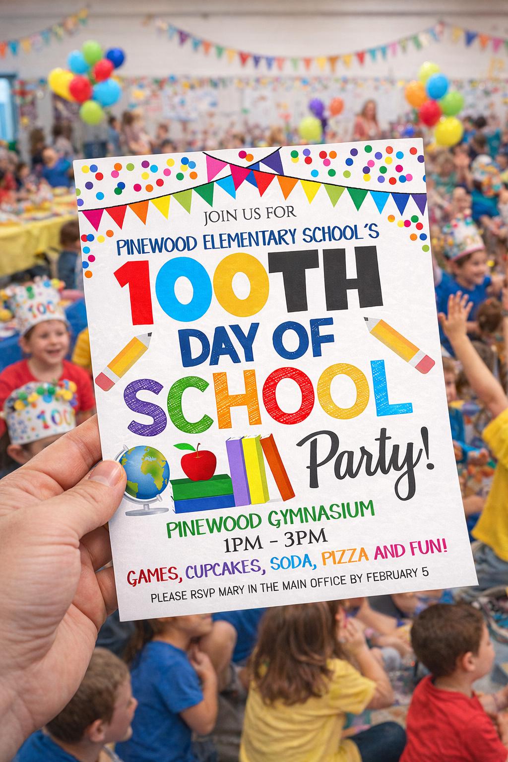 100th Day of School Party Invitation: School Pto Pta Elementary Kids ...