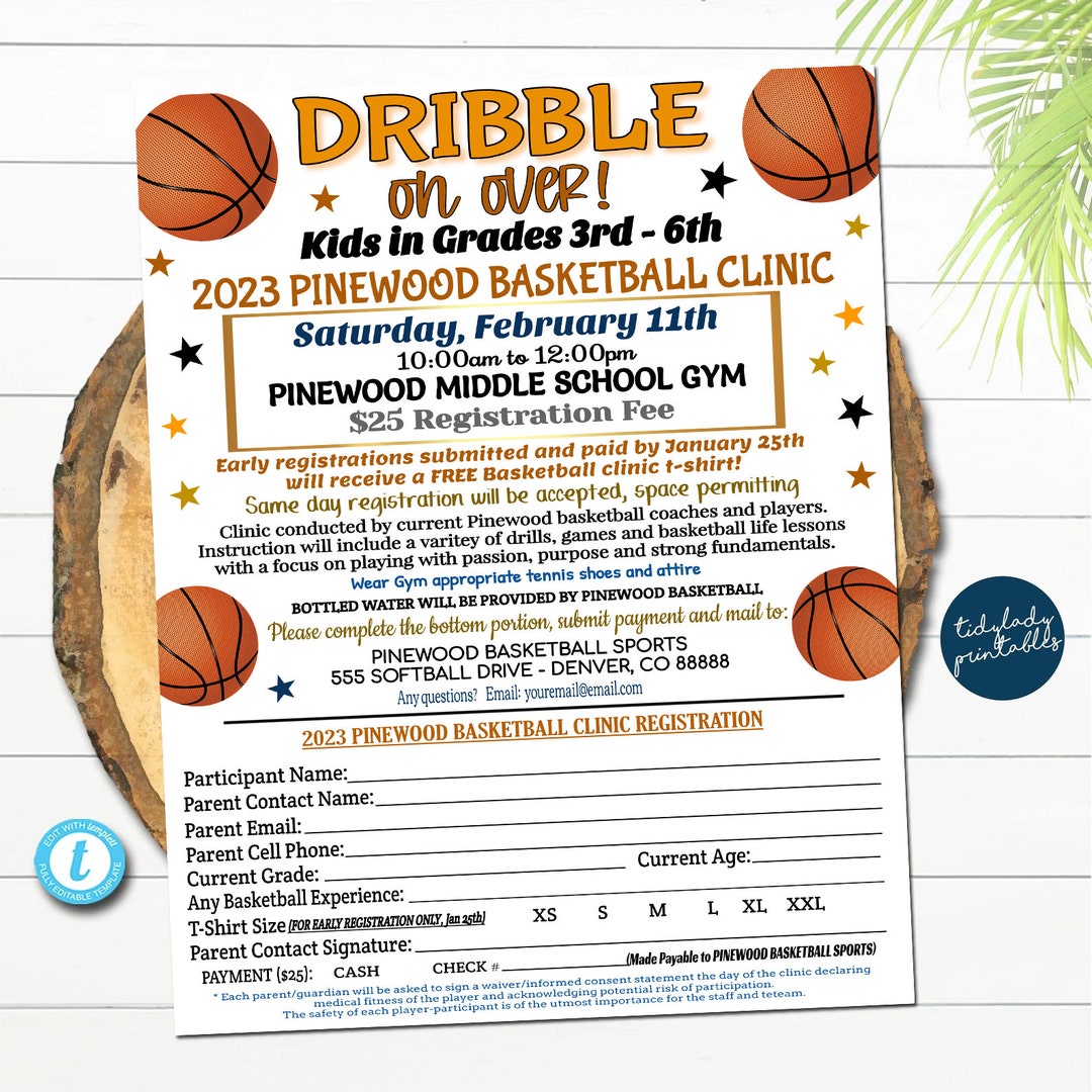 EDITABLE Basketball Clinic Registration Form Printable, Basketball ...