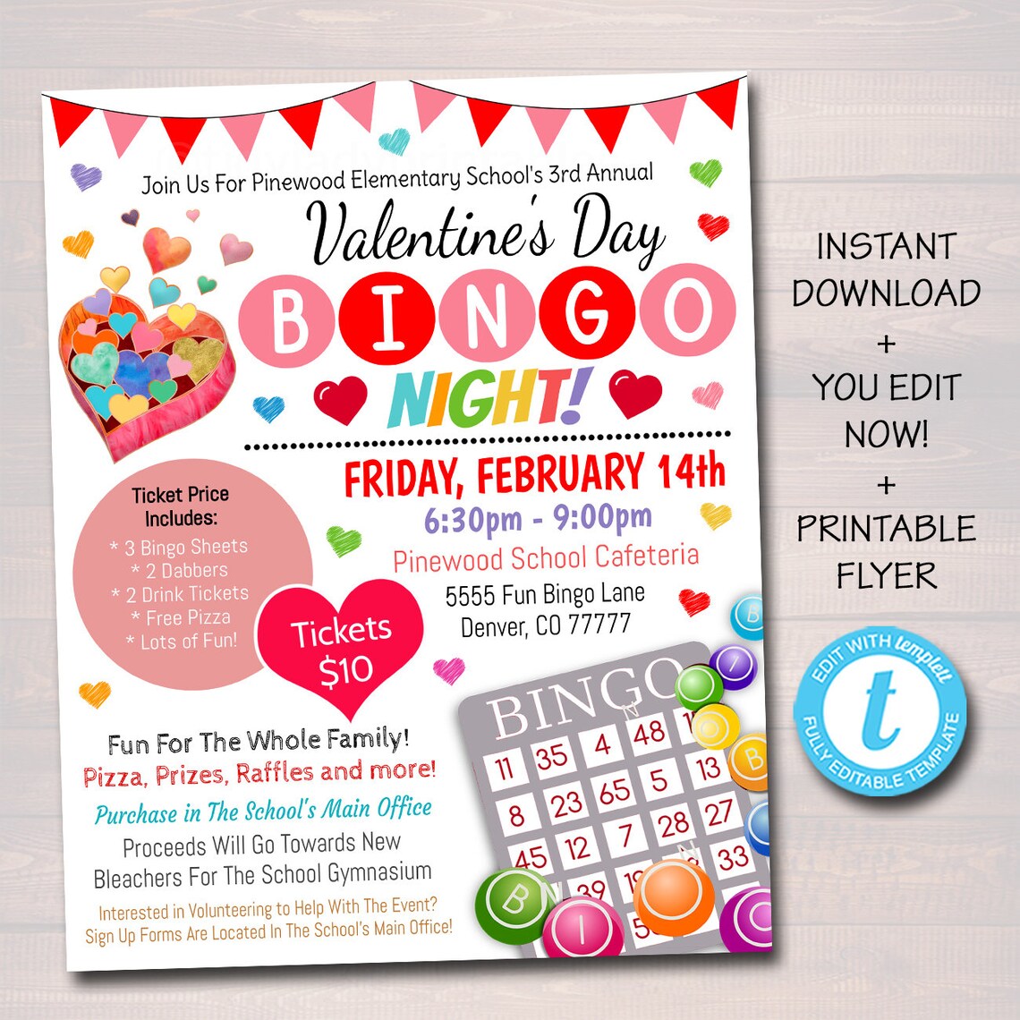EDITABLE Valentine's Day Bingo Night Flyer Printable PTA - Etsy