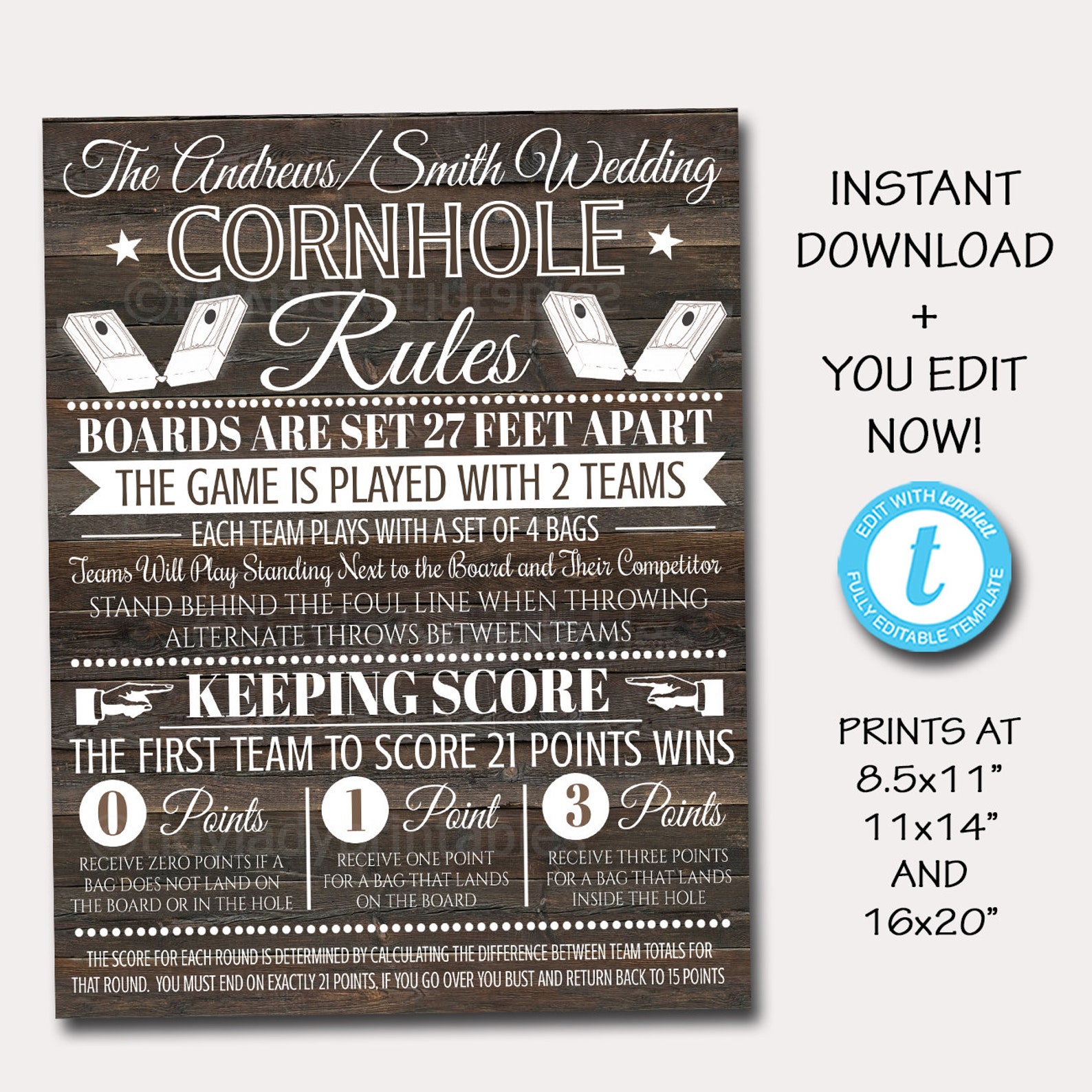 Editable Cornhole Rules Sign: Family Yard Game Tournament (digital ...