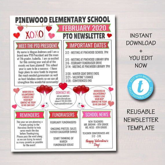 February PTO PTA Newsletter Flyer, Winter Printable Handout, School ...