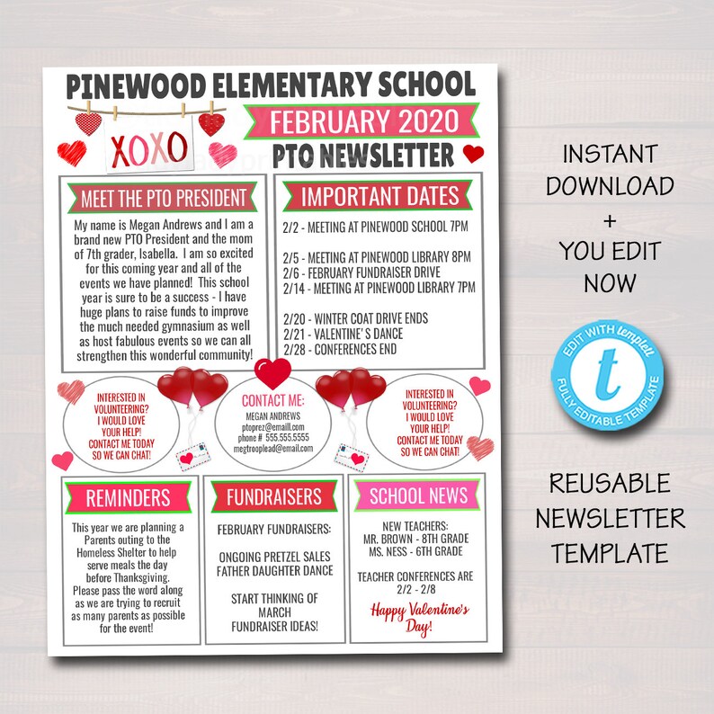 February PTO PTA Newsletter Template: Valentine's Day School Handout ...