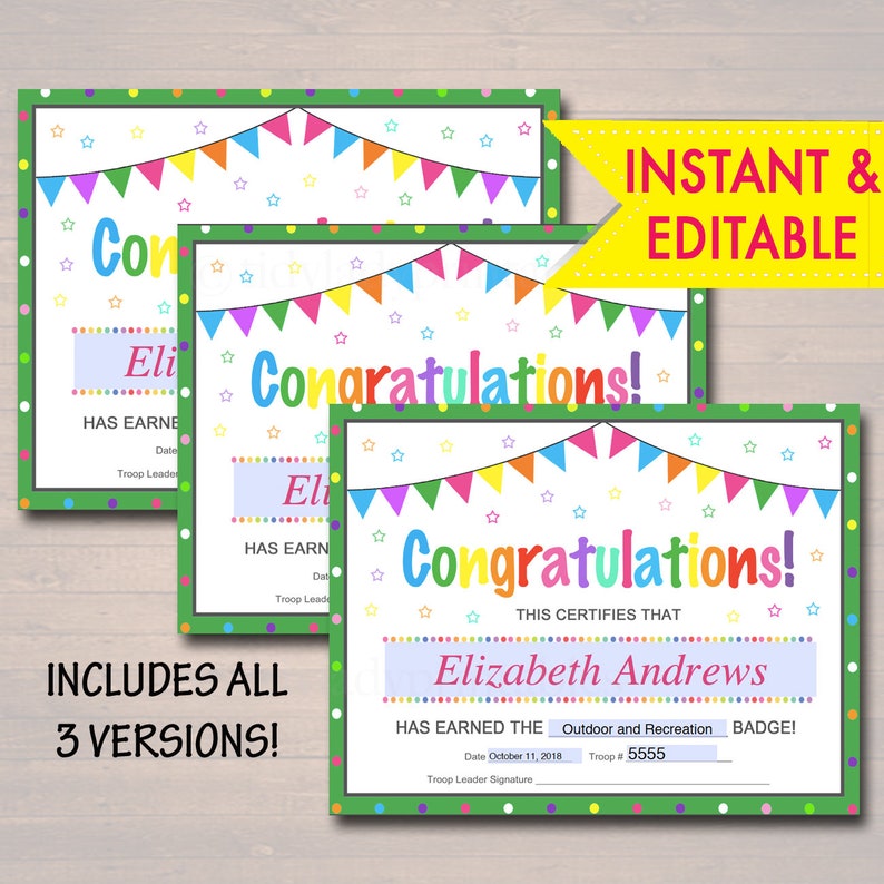 Editable Award Certificate Templates: Scout Badge Printables (instant ...