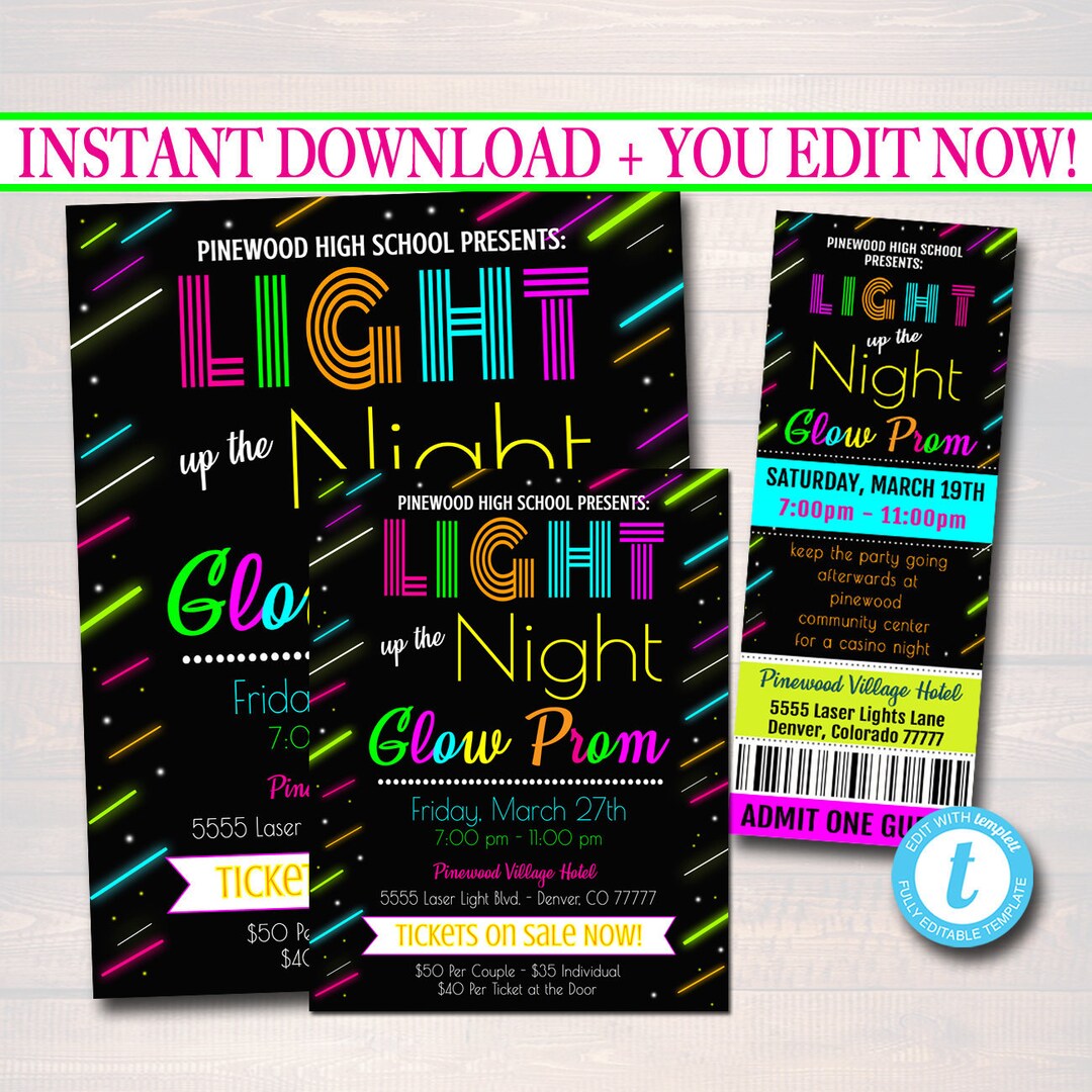 EDITABLE Prom Ticket/invite Flyer Set School Dance Digital Invite, Neon ...