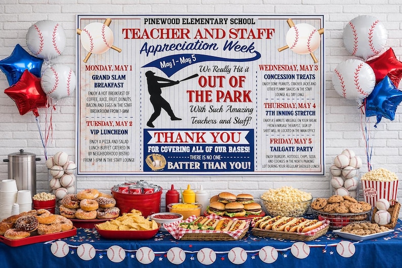 Baseball Themed Teacher Appreciation Week Itinerary Poster, School Pto ...