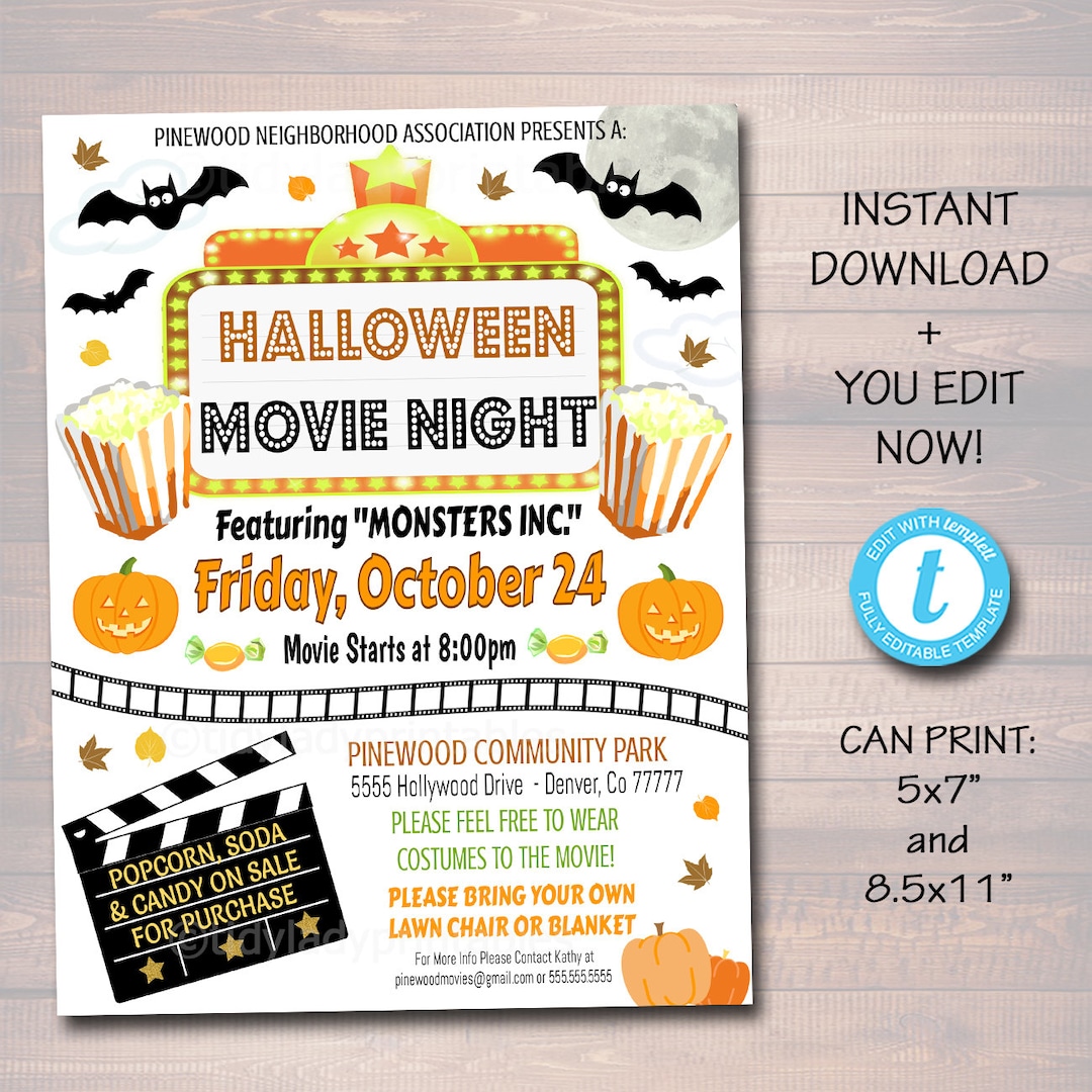 EDITABLE Halloween Movie Night Flyer, Printable PTA PTO Flyer Fall ...