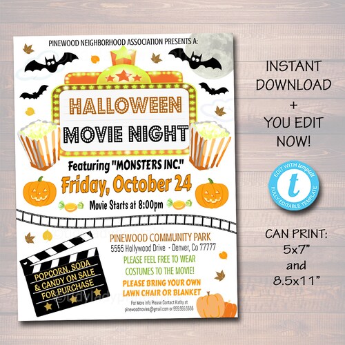 EDITABLE Halloween Movie Night Flyer Printable PTA PTO Flyer - Etsy