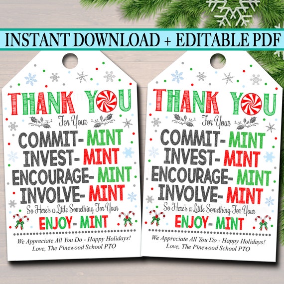 Christmas Mint Tags, Thank You Tags, Volunteer Labels, Printable ...