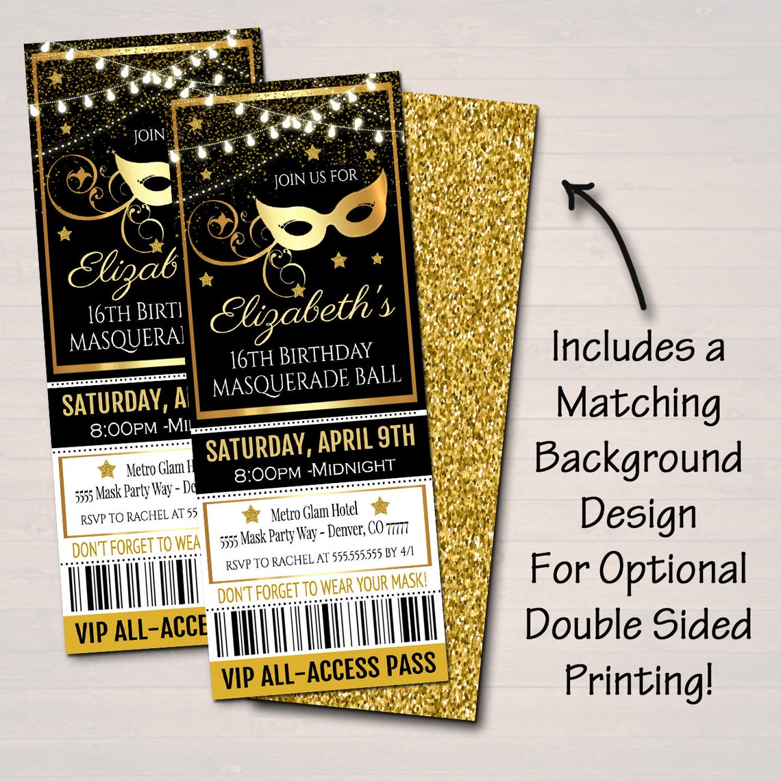 Editable Masquerade Ball Ticket Invitation: Glam Formal Party (digital ...