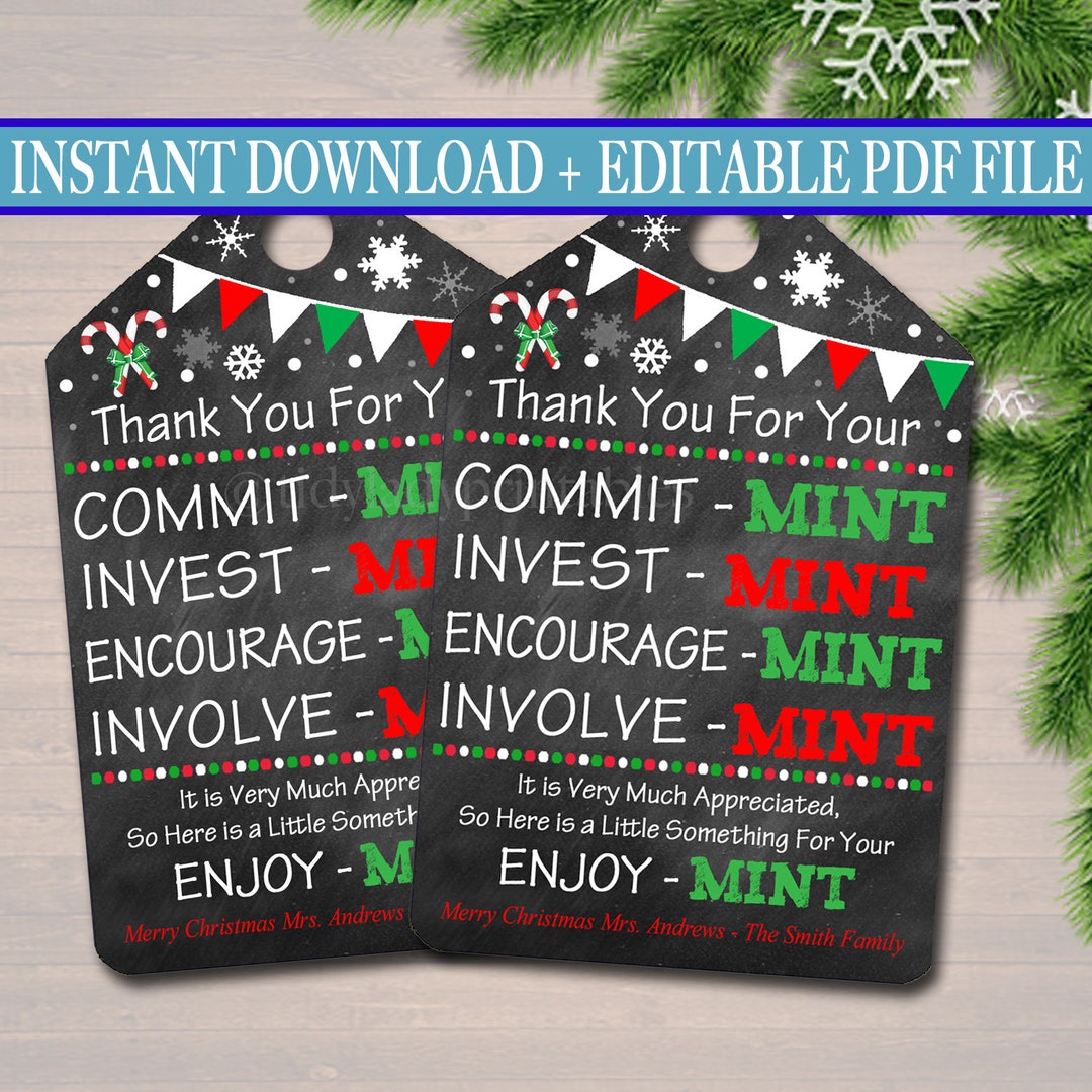 Christmas Mint Tags, Thank You Tags, Volunteer Labels, Printable ...