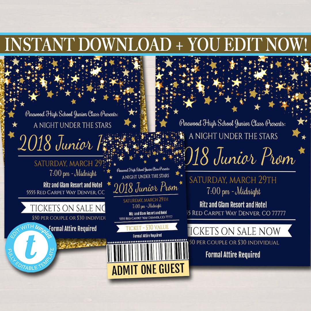EDITABLE Prom Set, Dance Flyer Invitation Ticket Starry Night, Gold ...