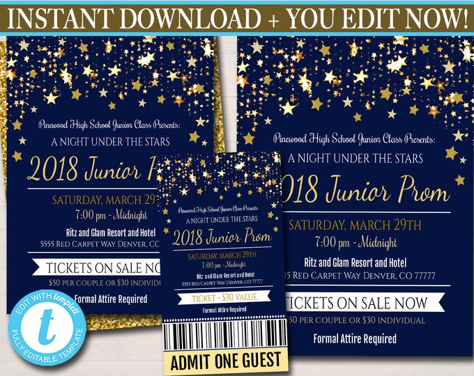 EDITABLE Prom Set Dance Flyer Invitation Ticket Starry Night - Etsy