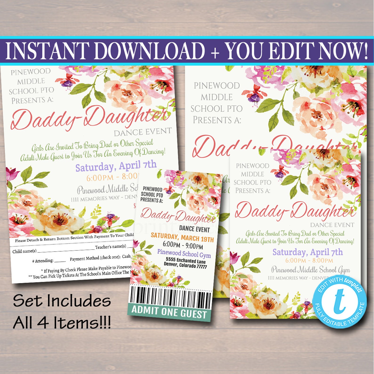EDITABLE Daddy Daughter Dance Set School Dance Flyer Party Invitation ...