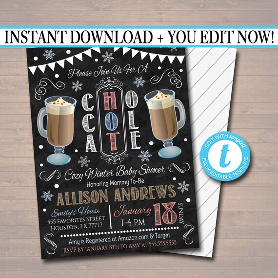 EDITABLE Winter Hot Chocolate Party Invitation Baby Shower Party Invite ...