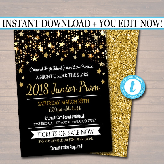 EDITABLE Prom Dance Invitation. Starry Night, Gold Glitter An Evening ...