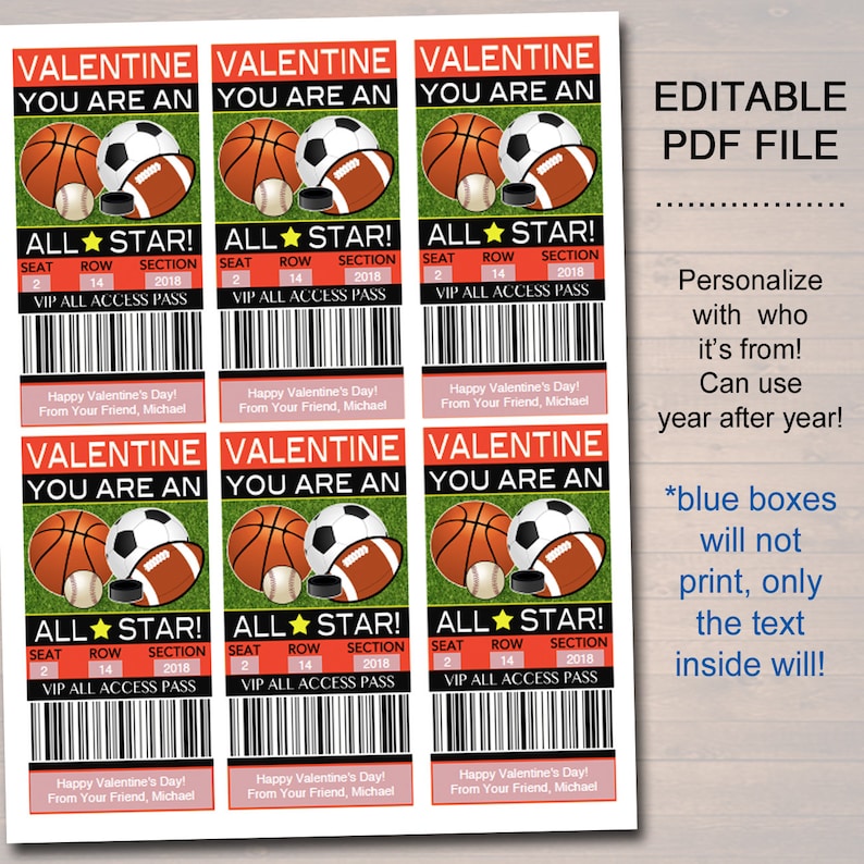 Sports Ticket Valentine's Day Cards: Editable All-star Design (instant ...
