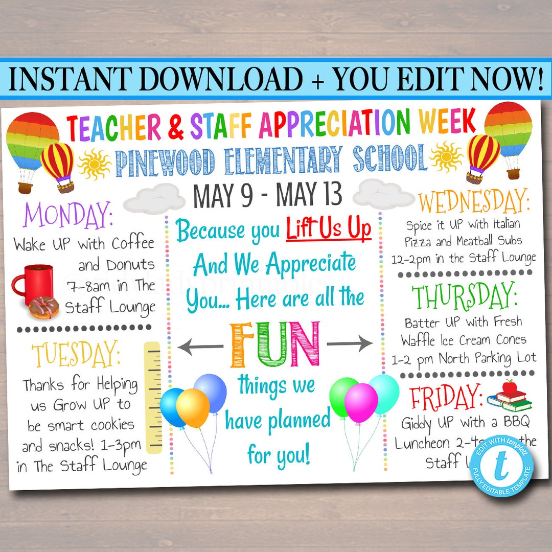 EDITABLE Teacher Appreciation Week Itinerary Poster, Digital File ...