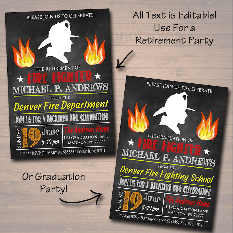 Editable Fire Fighter Graduation Invitation Chalkboard - Etsy