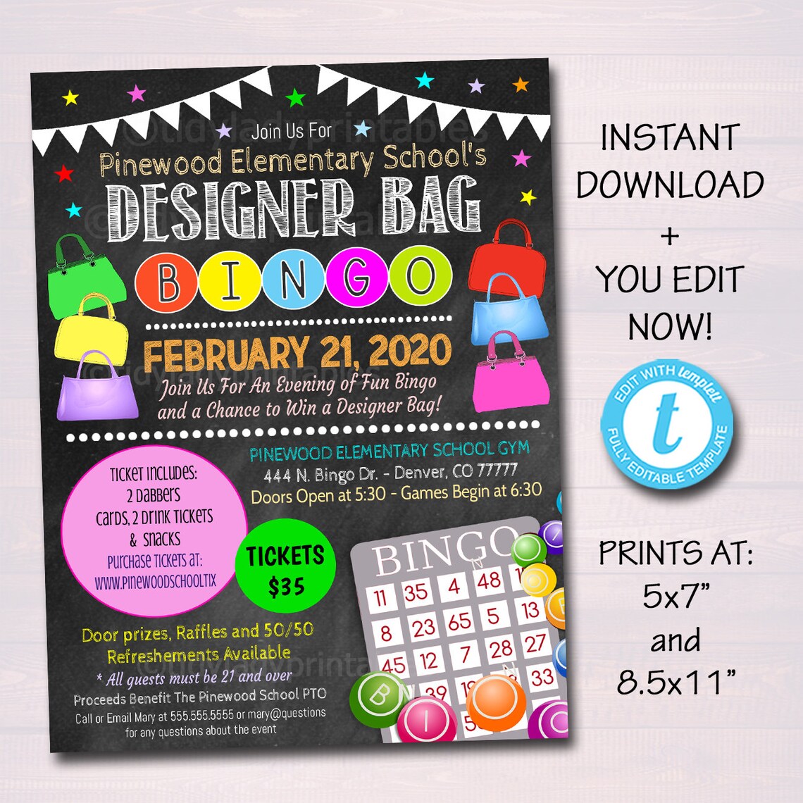 Designer Bag Bingo Night Flyer Printable School Pto Pta - Etsy