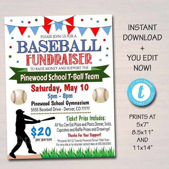 EDITABLE Baseball Fundraiser Flyer Printable PTA PTO Flyer School 