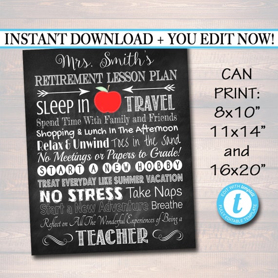 EDITABLE Teacher Retirement Gift, Chalkboard Printable Teacher Poster ...