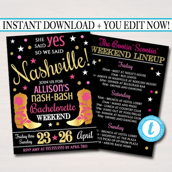 EDITABLE Nashville Tennessee Bachelorette Party Invitation, Nash Bash ...