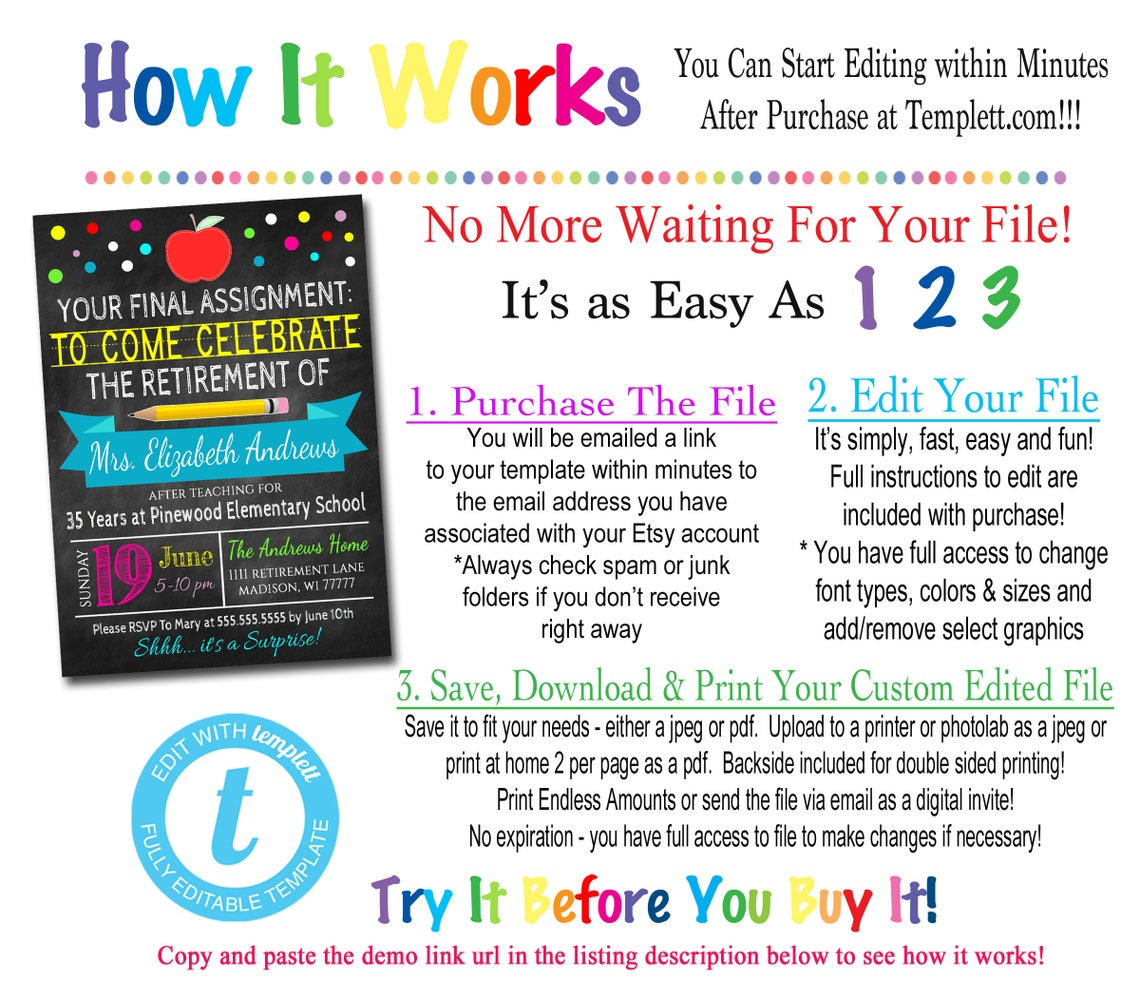 Editable Teacher Retirement Invitation Chalkboard Printable | Etsy