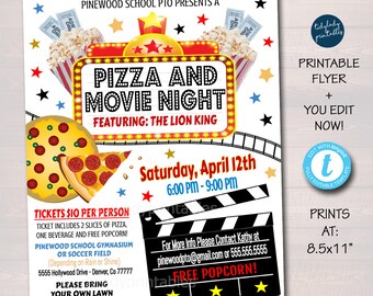 Editable Pizza and Movie Night Flyer Template, Cinema Movie Invitation ...