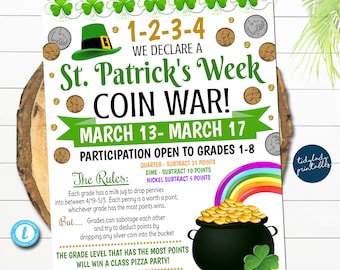 EDITABLE St. Patricks Day Coin War Fundraiser Flyer, Printable Handout ...