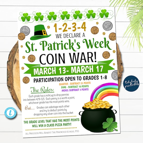 EDITABLE St. Patricks Day Coin War Fundraiser Flyer, Printable Handout ...