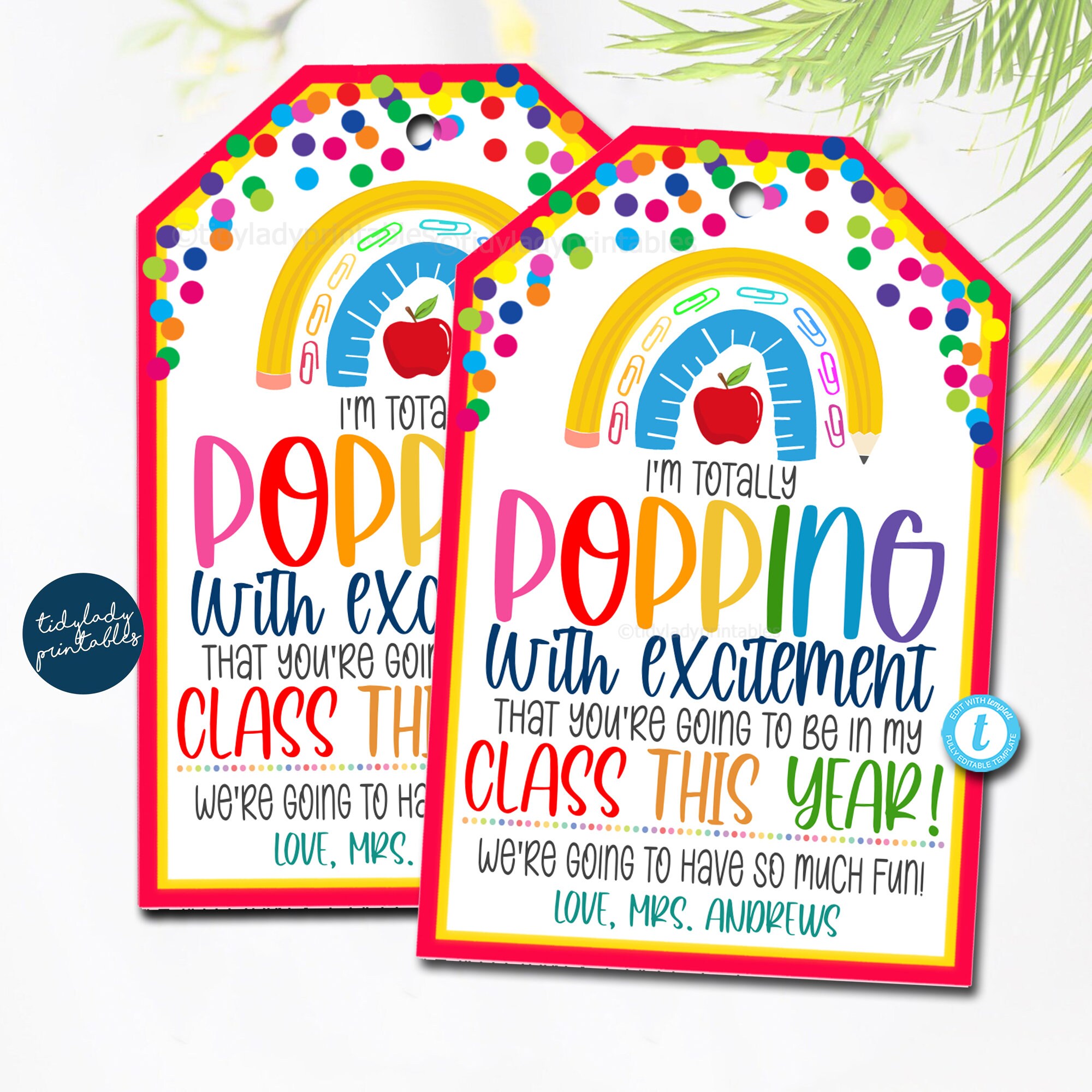 Popping With Excitement Gift Tags: Back to School Printable (editable ...