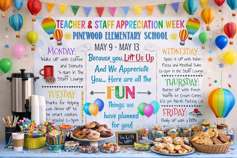 Editable Lift Us up Theme Teacher Appreciation Week Itinerary Poster ...