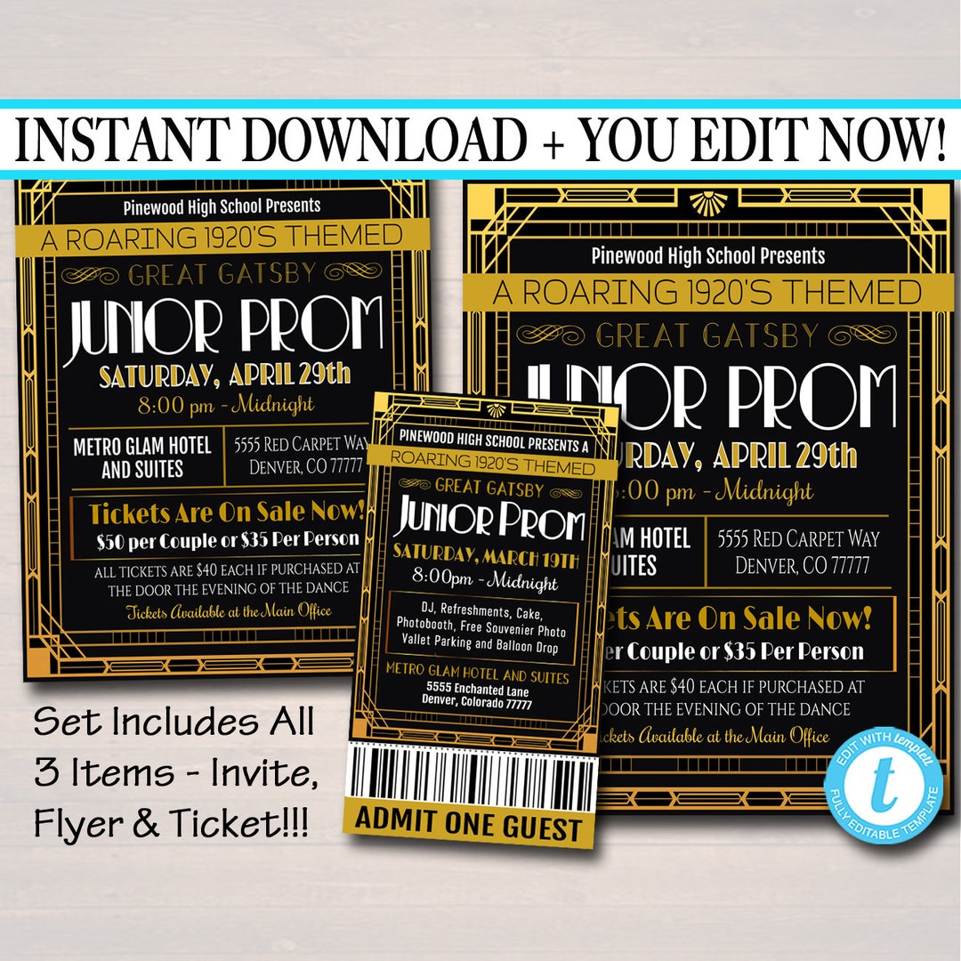 EDITABLE Prom Set, School Dance Flyer Invitation, Ticket Roaring 1920's ...