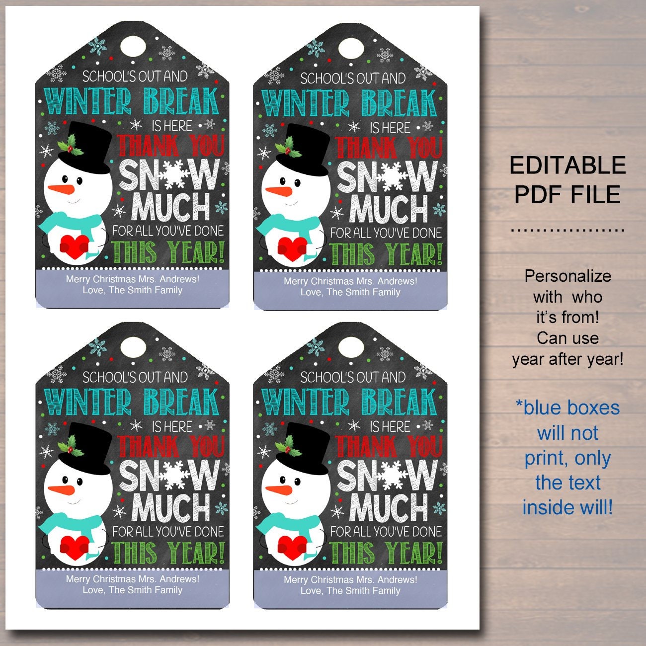 Christmas Gift Tags, School's Out Winter Break Thank You Snow Much ...