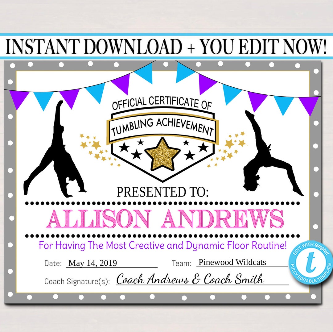 EDITABLE Tumbling Certificates, Tumbling Team Awards, Girls Tumbling ...