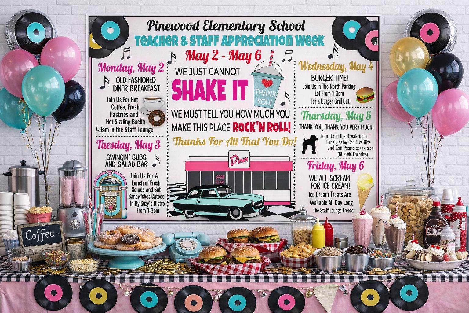 1950's Diner Themed Teacher Appreciation Week Itinerary Flyer, 1950s ...